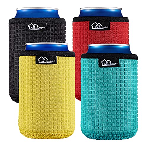 WKieason 12oz Standard Can Sleeves Insulators Sleeves Standard Can Covers 12OZ Beer Bottle Sleeves Coolers Holder Non-slip Neoprene Can Coolier Sleeves 4PC Pack (Black/Red/Yelllow/Blue)