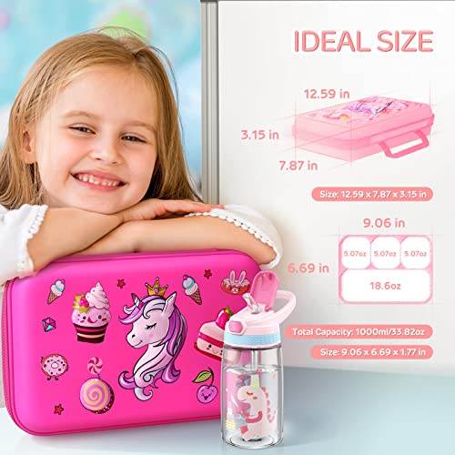 TIME4DEALS Unicorn Insulated Lunch Bag Set Bento Lunch Box for Kids, Bento-Style Leakproof 4 Compartments Lunch Container Water Bottle Ice Pack Muffin Cup Spoon Bento Box Set Kid Toddler School Lunch