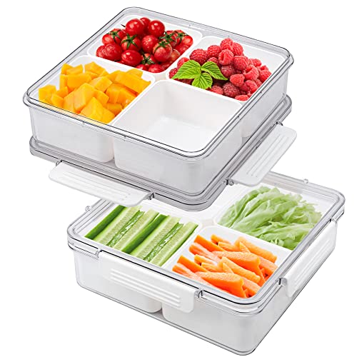 2pack Serving Trays for Party Divided Veggie Tray with Lid Sealed Sectioned Fruit Snack Serving Platter Vegetable Storage with 4 Compartments Snackle Box Charcuterie Container Fridge Organizer