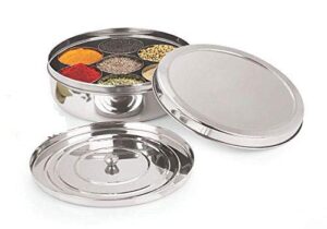 spice container – masala dabba – 7 compartments, masala box,steel masala dabba,spice container box,stainless steel spice box indian masala dabba with 7 spice containers with size 8 x 8 inches