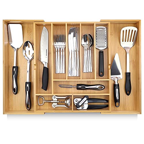 Pristine Bamboo Silverware Organizer - Expandable Kitchen Drawer Organizer - Adjustable Kitchen Drawer Organizer for Utensils, Expandable to 25 Inches Wide, 10 Compartments, Silverware Tray for Drawer