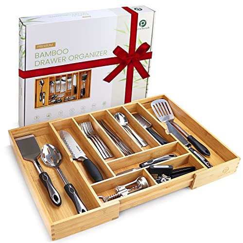 Pristine Bamboo Silverware Organizer - Expandable Kitchen Drawer Organizer - Adjustable Kitchen Drawer Organizer for Utensils, Expandable to 25 Inches Wide, 10 Compartments, Silverware Tray for Drawer