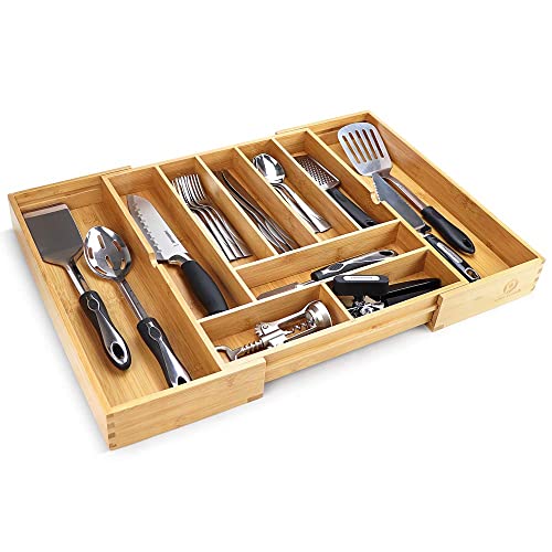 Pristine Bamboo Silverware Organizer - Expandable Kitchen Drawer Organizer - Adjustable Kitchen Drawer Organizer for Utensils, Expandable to 25 Inches Wide, 10 Compartments, Silverware Tray for Drawer