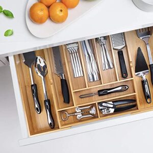 Pristine Bamboo Silverware Organizer - Expandable Kitchen Drawer Organizer - Adjustable Kitchen Drawer Organizer for Utensils, Expandable to 25 Inches Wide, 10 Compartments, Silverware Tray for Drawer