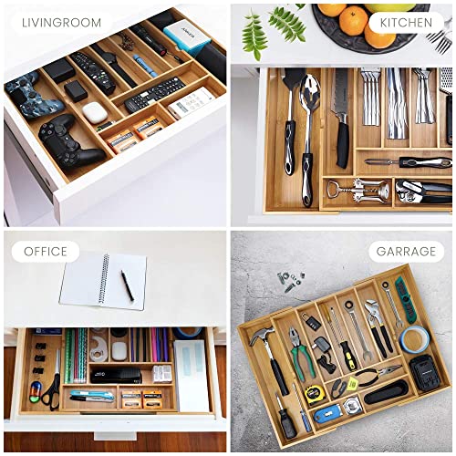 Pristine Bamboo Silverware Organizer - Expandable Kitchen Drawer Organizer - Adjustable Kitchen Drawer Organizer for Utensils, Expandable to 25 Inches Wide, 10 Compartments, Silverware Tray for Drawer