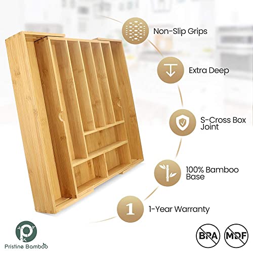 Pristine Bamboo Silverware Organizer - Expandable Kitchen Drawer Organizer - Adjustable Kitchen Drawer Organizer for Utensils, Expandable to 25 Inches Wide, 10 Compartments, Silverware Tray for Drawer