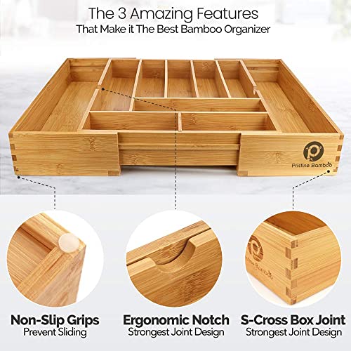 Pristine Bamboo Silverware Organizer - Expandable Kitchen Drawer Organizer - Adjustable Kitchen Drawer Organizer for Utensils, Expandable to 25 Inches Wide, 10 Compartments, Silverware Tray for Drawer