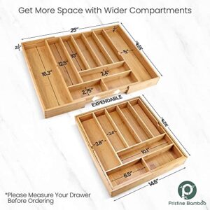 Pristine Bamboo Silverware Organizer - Expandable Kitchen Drawer Organizer - Adjustable Kitchen Drawer Organizer for Utensils, Expandable to 25 Inches Wide, 10 Compartments, Silverware Tray for Drawer