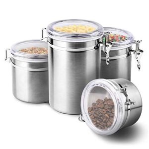 enloy 4-piece stainless steel airtight food storage canister set with clear lid, canister sets for kitchen counter for sugar, flour, tea, candy, cookie, spice, 28/32/38/65 oz