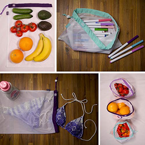 Lotus Produce Bags | 9 Count | 3 Sizes & 3 Colors | Machine Washable, Reusable, Multipurpose, Lightweight Mesh Grocery Bags | Fruits, Vegetables, Nuts, Grains | Eco-friendly Netted Reusable Mesh Bag