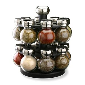 olde thompson orbit rotating spice rack, 16 refillable spice jars with shaker tops and labeled lids for frequently used spices