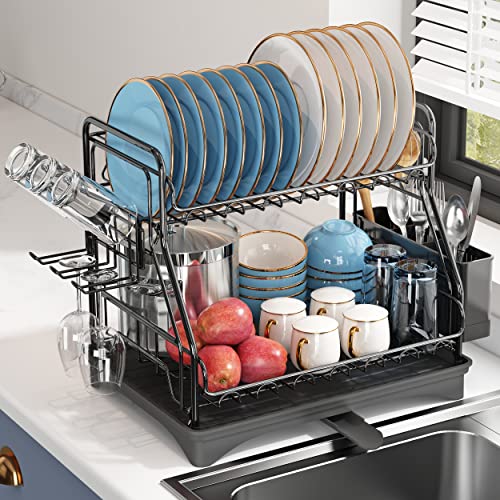 romision 2 Tier Dish Drying Rack, Large Dish Racks and Drainboard Set with Utensil Holder, Dish Drainer for Kitchen Counter, Black