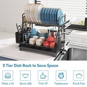 romision 2 Tier Dish Drying Rack, Large Dish Racks and Drainboard Set with Utensil Holder, Dish Drainer for Kitchen Counter, Black