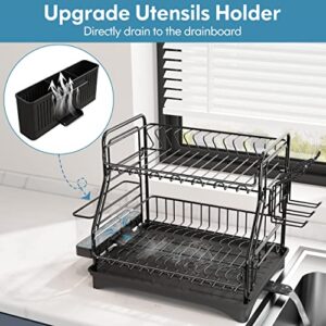 romision 2 Tier Dish Drying Rack, Large Dish Racks and Drainboard Set with Utensil Holder, Dish Drainer for Kitchen Counter, Black