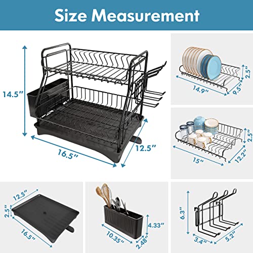 romision 2 Tier Dish Drying Rack, Large Dish Racks and Drainboard Set with Utensil Holder, Dish Drainer for Kitchen Counter, Black