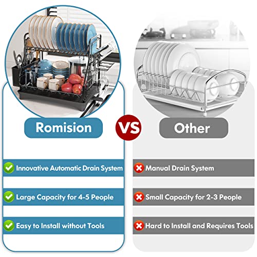 romision 2 Tier Dish Drying Rack, Large Dish Racks and Drainboard Set with Utensil Holder, Dish Drainer for Kitchen Counter, Black