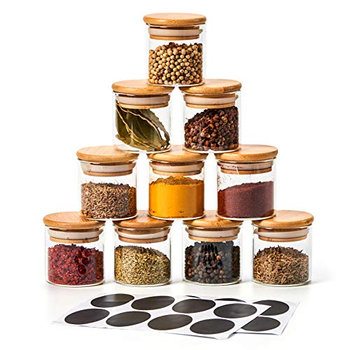 EZOWare 10 Bottles Glass Jar Set, Extra Small Air Tight Canister Storage Containers with Natural Bamboo Lids and Chalkboard Labels for Kitchen Spices, Bathroom, Party Favors (2.4oz.)