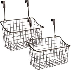 nicunom 2 pack grid storage baskets with hooks, over cabinet door organizer, wire basket hanging storage organizer steel wire sink organization for kitchen & bathroom, holds shampoo, body wash, bronze