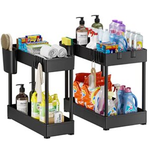 fixwal 2pcs under sink organizers and storage, 2 tier under bathroom cabinet storage with 8 hooks and 2 baskets, multi-purpose under sink shelf organizer for home kitchen bathroom (black)