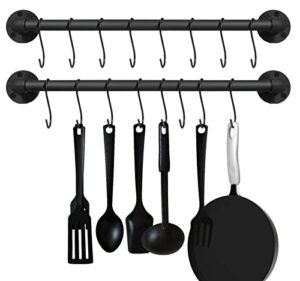 egason 21 inch pot pan bar rack wall mounted set of 2 with 16 hooks industrial pipe pot pan hanger rustic iron pan hanging rail pipe towel holder kitchen utensil organizer black