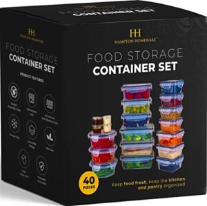 40 piece food storage container set w/ dressing cups (20 containers + 20 lids) – airtight plastic containers for kitchen organization, meal prep, leftovers, lunch – includes labels & erasable marker