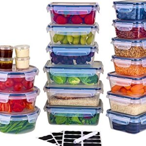 40 Piece Food Storage Container Set w/ Dressing Cups (20 Containers + 20 Lids) - Airtight Plastic Containers for Kitchen Organization, Meal Prep, Leftovers, Lunch - Includes Labels & Erasable Marker