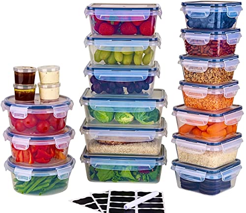 40 Piece Food Storage Container Set w/ Dressing Cups (20 Containers + 20 Lids) - Airtight Plastic Containers for Kitchen Organization, Meal Prep, Leftovers, Lunch - Includes Labels & Erasable Marker