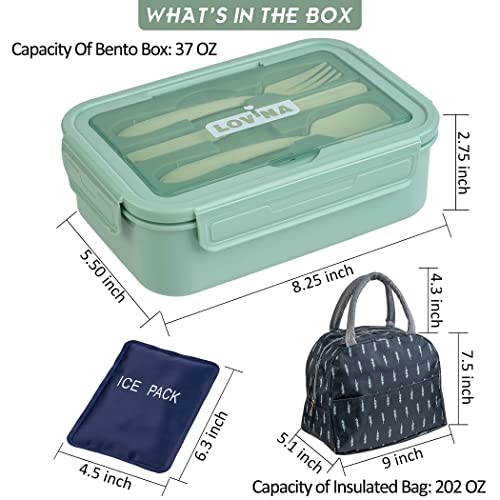 Bento Box Adult Lunch Box, 37OZ Bento box for Adults Kids With Ice Pack 6 Liter Insulated Lunch Bag Set, With Built-in Utensils, Leakproof, Durable, BPA-Free and Food-Safe Materials（Mint Green）