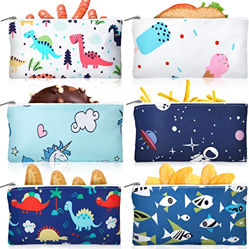 6 Pcs Reusable Snack Bags for Kids School Gift Food Safety Cute Washable Snack Bags for Kids Lunch with Zipper Kids Portable Sandwich Bag Food Storage Pouch Double Layer Zipper Pouch (Vivid Style)