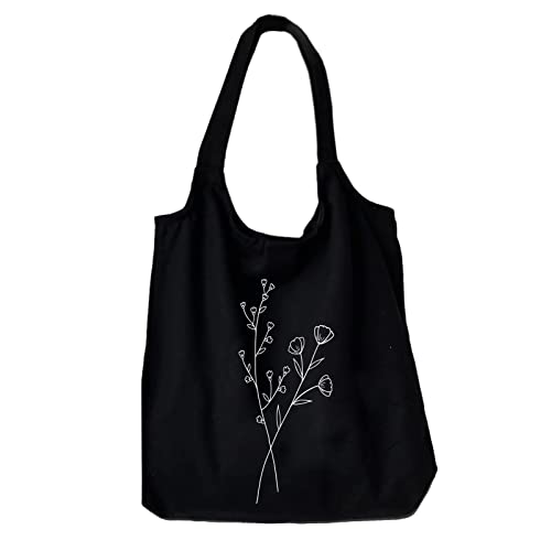 KIEKIECOO Canvas Tote Bag Black Aesthetic Personalized Custom Reusable Grocery Bags Floral Line Art Shopping Shoulder Bag