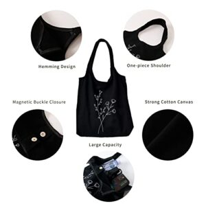 KIEKIECOO Canvas Tote Bag Black Aesthetic Personalized Custom Reusable Grocery Bags Floral Line Art Shopping Shoulder Bag