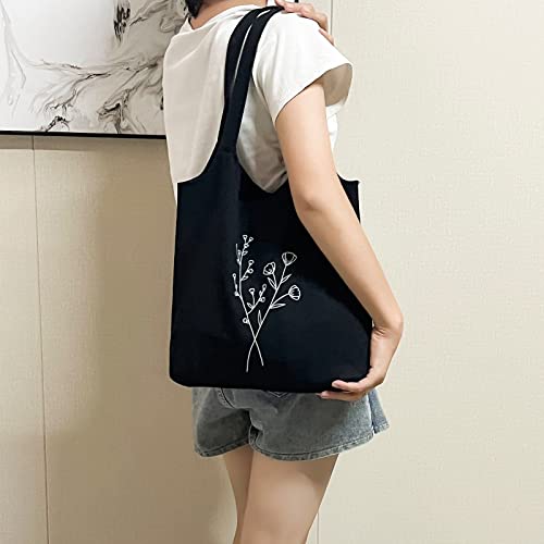 KIEKIECOO Canvas Tote Bag Black Aesthetic Personalized Custom Reusable Grocery Bags Floral Line Art Shopping Shoulder Bag