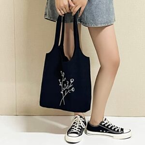 KIEKIECOO Canvas Tote Bag Black Aesthetic Personalized Custom Reusable Grocery Bags Floral Line Art Shopping Shoulder Bag