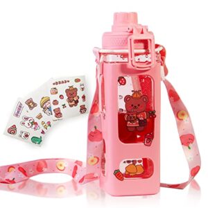 kawaii water bottle for girls cute kids water bottles with straw square drinking bottle, portable leakproof water jug for school, 24 oz (pink-700ml)