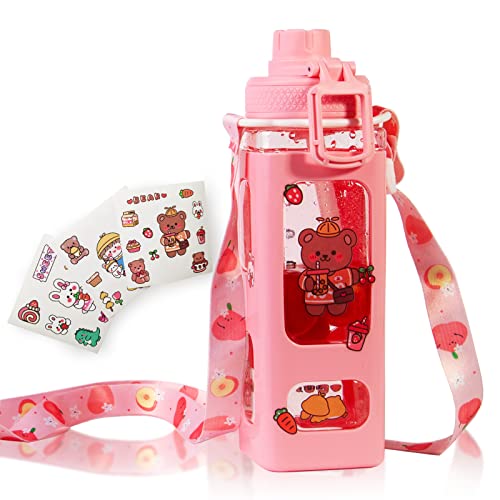 Kawaii Water Bottle for Girls Cute Kids Water Bottles with Straw Square Drinking Bottle, Portable Leakproof Water Jug for School, 24 oz (Pink-700ml)