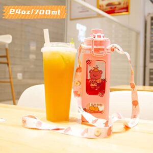 Kawaii Water Bottle for Girls Cute Kids Water Bottles with Straw Square Drinking Bottle, Portable Leakproof Water Jug for School, 24 oz (Pink-700ml)