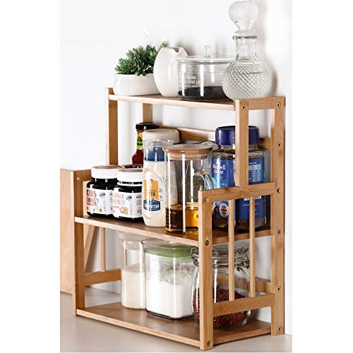 Bamboo Spice Rack Storage Shelves-3 tier Standing pantry Shelf for kitchen counter storage,Bathroom Countertop Storage Organizer Desk Bookshelf with Adjustable Shelf Cabinet