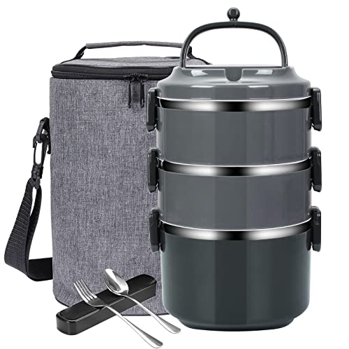 Thermal Lunch Box,YFBXG 3 Tier Stainless Steel Insulated Bento Lunch Container With Lunch Bag & Utensils (Gray, 3 Tier)