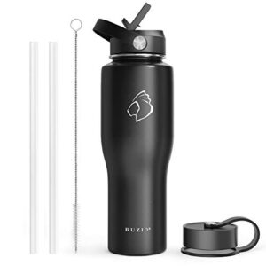 buzio stainless steel water bottle vacuum insulated (cold for 48 hrs, hot for 24 hrs), black 32oz tumbler travel flask with straw lid and flex cap, fit in any car cup holder