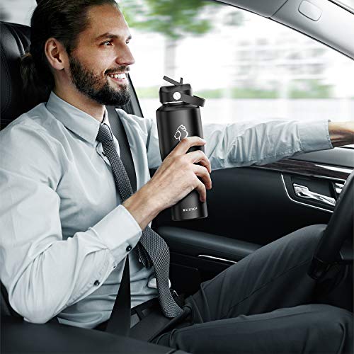 BUZIO Stainless Steel Water Bottle Vacuum Insulated (Cold for 48 Hrs, Hot for 24 Hrs), Black 32oz Tumbler Travel Flask with Straw Lid and Flex Cap, Fit in Any Car Cup Holder