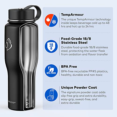 BUZIO Stainless Steel Water Bottle Vacuum Insulated (Cold for 48 Hrs, Hot for 24 Hrs), Black 32oz Tumbler Travel Flask with Straw Lid and Flex Cap, Fit in Any Car Cup Holder