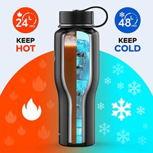 BUZIO Stainless Steel Water Bottle Vacuum Insulated (Cold for 48 Hrs, Hot for 24 Hrs), Black 32oz Tumbler Travel Flask with Straw Lid and Flex Cap, Fit in Any Car Cup Holder