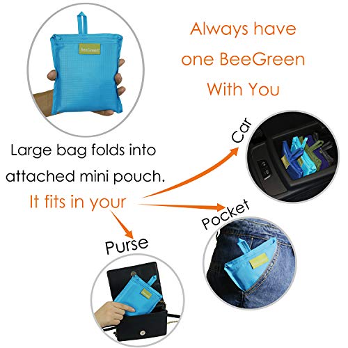 BeeGreen Reusable Grocery Bags 5 Pack, Grocery Tote Folded into Attached Pouch, Ripstop Polyester Shopping Bags, Washable, Durable and Lightweight (Black,Royal,Navy,Teal,Moss)