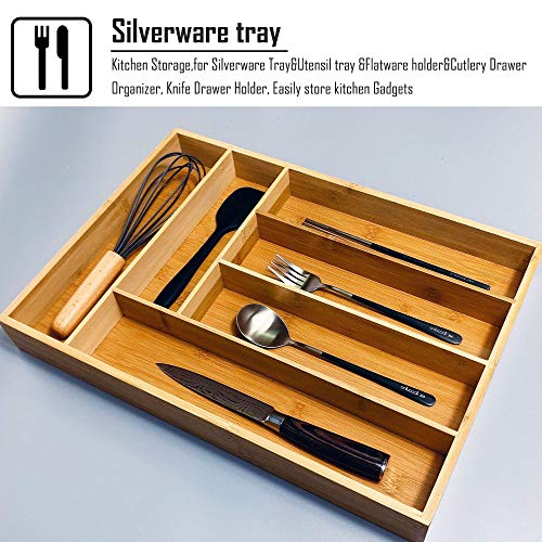 Kitchen Wood Utensil Tray Drawer Organizer, Bamboo Silverware Tray for Drawer 12X17 Cutlery Organizer in Drawer, Flatware Holder,Office Storage Drawer Organizers,Desk Drawer Dividers Insert