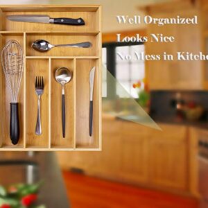 Kitchen Wood Utensil Tray Drawer Organizer, Bamboo Silverware Tray for Drawer 12X17 Cutlery Organizer in Drawer, Flatware Holder,Office Storage Drawer Organizers,Desk Drawer Dividers Insert