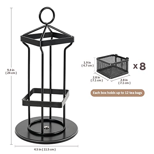 Puricon Tea Bag Organizer Storage Holder 360-Degrees Spinning Carousel, 8 Compartments, TeaBags Display Rack with Lazy Susan Platform for Kitchen Home Office Coffee Bar Station Pantry Counter -Black