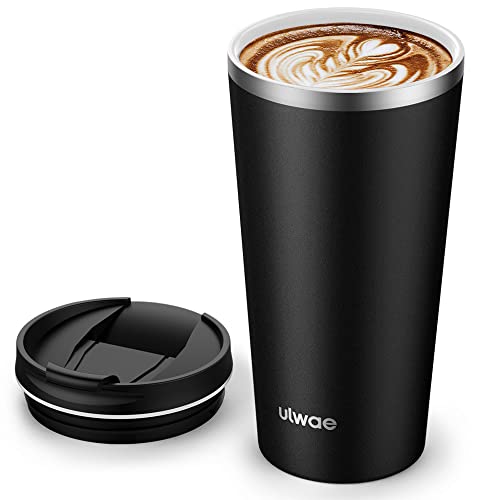 ulwae Insulated Coffee Mug with Ceramic Coating, 18oz Travel Mug with Leak-proof Lid, Vacuum Double-wall Tumbler, Stainless Steel Thermal Cup for Tea, Hot Cocoa, Cold Beverage, Ice Drinks