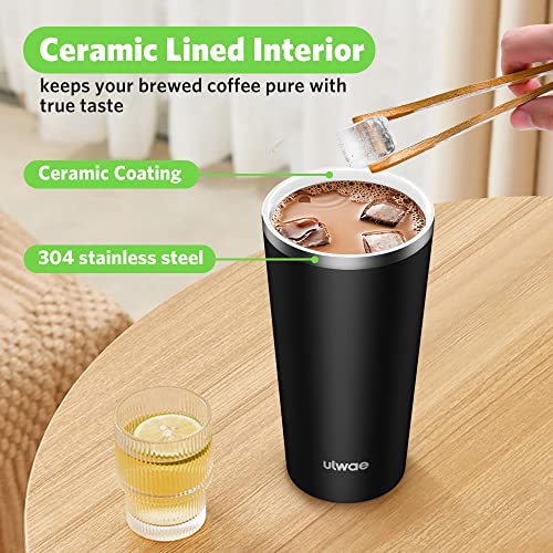 ulwae Insulated Coffee Mug with Ceramic Coating, 18oz Travel Mug with Leak-proof Lid, Vacuum Double-wall Tumbler, Stainless Steel Thermal Cup for Tea, Hot Cocoa, Cold Beverage, Ice Drinks