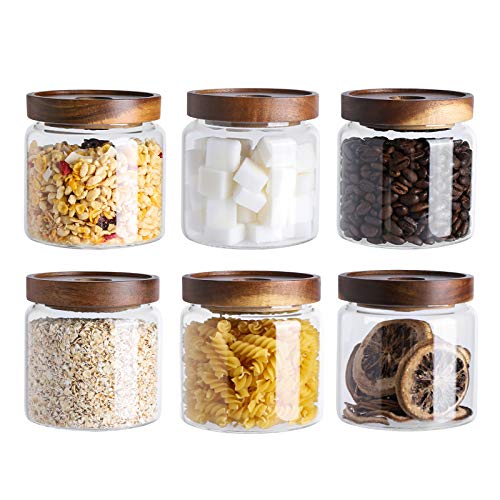 Kanwone Glass Storage Jars Set of 6, 17 Ounce Airtight Food Storage Containers with Bamboo lids, Clear Glass Canisters for Pantry, kitchen, Flour, Sugar, Tea, Coffee, Snack, Spice and Herbs