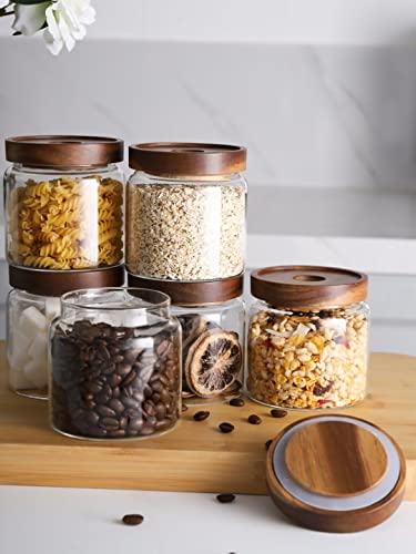 Kanwone Glass Storage Jars Set of 6, 17 Ounce Airtight Food Storage Containers with Bamboo lids, Clear Glass Canisters for Pantry, kitchen, Flour, Sugar, Tea, Coffee, Snack, Spice and Herbs